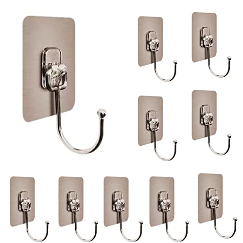 Large Adhesive Hooks 22LB（MAX）,Waterproof and Rustproof Wall Hooks for Hanging Heavy Duty,Stainless Steel Towel Door and Coat Hooks for Kitchen, Bathroom, (10, 2.76*2.76 inch)