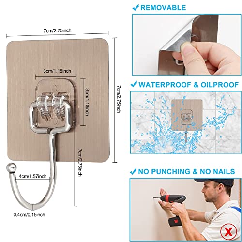 Large Adhesive Hooks 22LB（MAX）,Waterproof and Rustproof Wall Hooks for Hanging Heavy Duty,Stainless Steel Towel Door and Coat Hooks for Kitchen, Bathroom, (10, 2.76*2.76 inch)