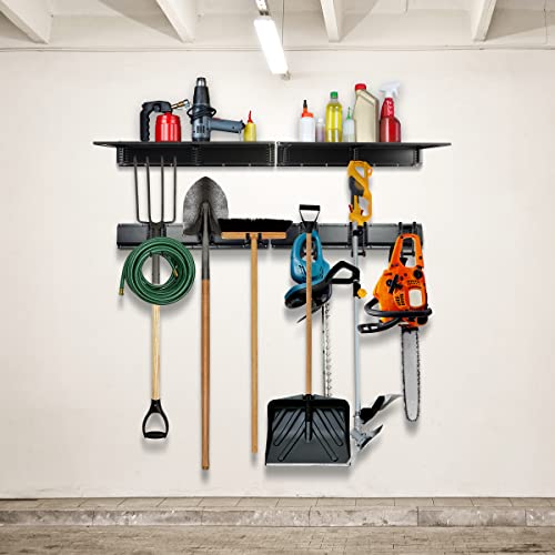 RaxGo Garage Tool Storage Rack With Wall Shelf, 12 Piece Garage Organizer, Metal, Wall mounted, Hanger for Power Tools, Mop, Garden Rakes, Shovels & More