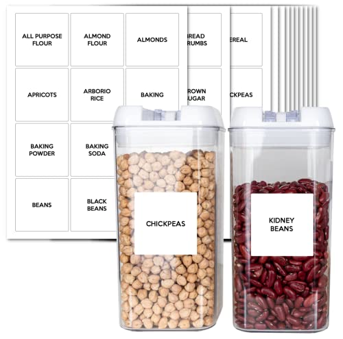 144 Modern Kitchen Pantry Labels for Food Storage Containers, Waterproof Printed on White Glossy Labels, Household Stickers + Numbers, Water Resistant, Organization for Jars and Canisters