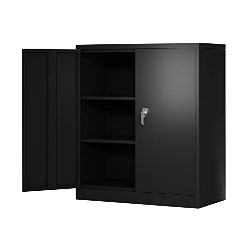 Aobabo Metal Storage Cabinets with Lockable Doors, Steel Locking Storage Cabinet with 2 Adjustable Shelves, Black Metal Cabinet Great for Garage, Home, Office, Warehouse