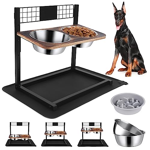 Ciconira Metal Elevated Dog Bowls with Slow Feeder & Spillproof Mat, 8°Tilted Raised Dog Bowl Stand with Two 1.3L Stainless Steel Dog Food Water Bowls,4 Height Adjustable for Large Medium, Small Dogs