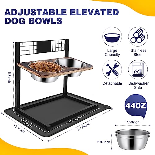 Ciconira Metal Elevated Dog Bowls with Slow Feeder & Spillproof Mat, 8°Tilted Raised Dog Bowl Stand with Two 1.3L Stainless Steel Dog Food Water Bowls,4 Height Adjustable for Large Medium, Small Dogs