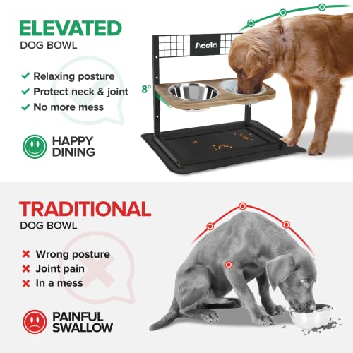 Ciconira Metal Elevated Dog Bowls with Slow Feeder & Spillproof Mat, 8°Tilted Raised Dog Bowl Stand with Two 1.3L Stainless Steel Dog Food Water Bowls,4 Height Adjustable for Large Medium, Small Dogs