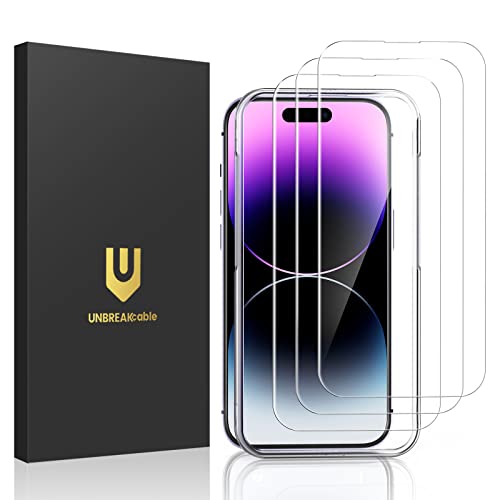 UNBREAKcable 3-Pack Screen Protector for iPhone 14 Pro Max, Double Shatterproof Tempered Glass [Easy Installation Frame] [9H Hardness] [99.99% HD Clear] [Case Friendly] for iPhone 6.7 inch