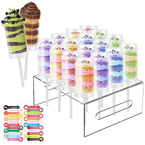 HOUSEEN 20 Pack Push Pops Containers and 16 Holes Acrylic Cake Pop Display Stand, Plastic Cake Push-up Pop with Lids, Base & Sticks, for Weddings Baby Showers Birthday Christmas Party