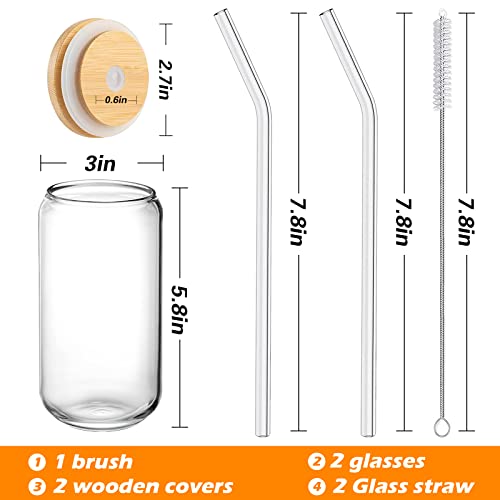 WISIMMALL Drinking Glasses with Bamboo Lids and Glass Straw 2PCS Set, 16oz Glass Cups with Lids and Straws, Beer Glasses, Iced Coffee Glasses, Soda, Gift 1 Cleaning Brushes