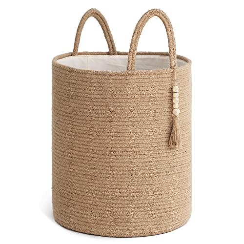 CherryNow Tall Woven Laundry Basket, Decorative Blanket Basket for Living Room, Round Wicker Basket for Towels, Clothes, Farmhouse Jute Basket for Home Decor, 15 x 17.7 inches