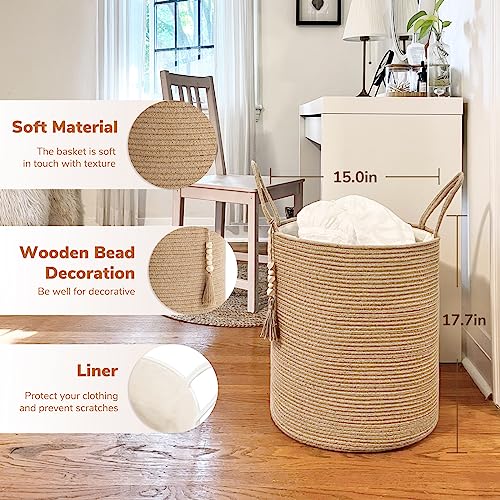 CherryNow Tall Woven Laundry Basket, Decorative Blanket Basket for Living Room, Round Wicker Basket for Towels, Clothes, Farmhouse Jute Basket for Home Decor, 15 x 17.7 inches