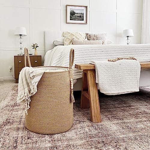 CherryNow Tall Woven Laundry Basket, Decorative Blanket Basket for Living Room, Round Wicker Basket for Towels, Clothes, Farmhouse Jute Basket for Home Decor, 15 x 17.7 inches