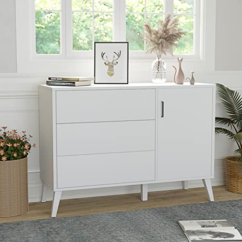 SEJOV White Dresser for Bedroom, 3-Drawer Chest Wood Dresser with Door, Wide Storage Space, Drawer Press Control Design, Large Storage Cabinet for Bedroom Living Room Hallway Entryway