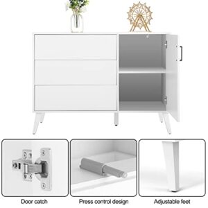 SEJOV White Dresser for Bedroom, 3-Drawer Chest Wood Dresser with Door, Wide Storage Space, Drawer Press Control Design, Large Storage Cabinet for Bedroom Living Room Hallway Entryway