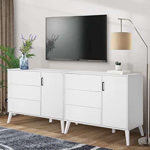 SEJOV White Dresser for Bedroom, 3-Drawer Chest Wood Dresser with Door, Wide Storage Space, Drawer Press Control Design, Large Storage Cabinet for Bedroom Living Room Hallway Entryway