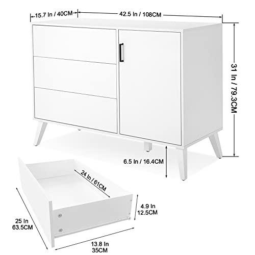 SEJOV White Dresser for Bedroom, 3-Drawer Chest Wood Dresser with Door, Wide Storage Space, Drawer Press Control Design, Large Storage Cabinet for Bedroom Living Room Hallway Entryway