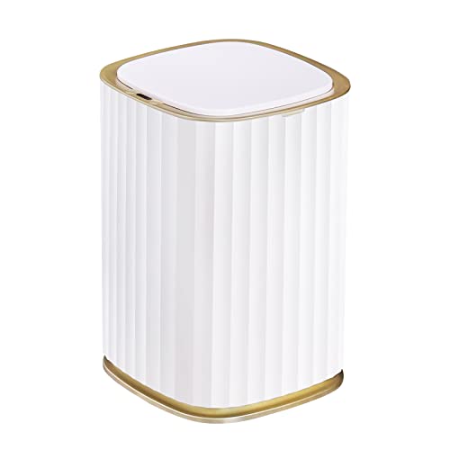 ELPHECO 3.5 Gallon Bathroom Trash Can, 13.5 Litre Bedroom Motion Sensor Trash Can with Lids, Automatic Waterproof Trash Can for Bathroom, Living Room, Bedroom, Office, White with Golden Trim