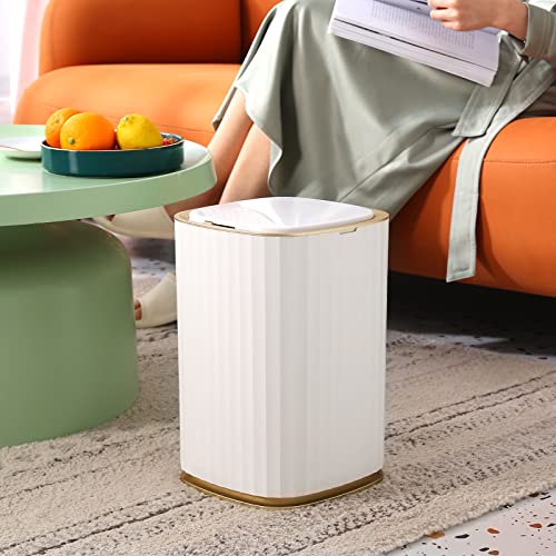 ELPHECO 3.5 Gallon Bathroom Trash Can, 13.5 Litre Bedroom Motion Sensor Trash Can with Lids, Automatic Waterproof Trash Can for Bathroom, Living Room, Bedroom, Office, White with Golden Trim