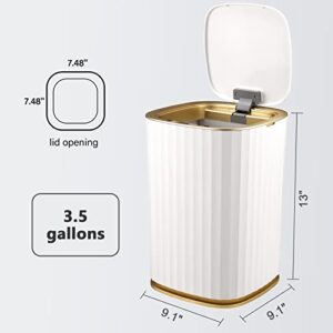 ELPHECO 3.5 Gallon Bathroom Trash Can, 13.5 Litre Bedroom Motion Sensor Trash Can with Lids, Automatic Waterproof Trash Can for Bathroom, Living Room, Bedroom, Office, White with Golden Trim