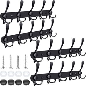 4 packs coat rack wall mount with 5 tri hooks 16 inch metal coat hook rail heavy duty stainless steel rack hooks for hanging coats hats clothes purse entryway bathroom, bedroom, mudroom (black)