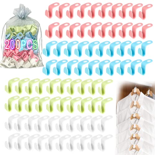 200Pcs Clothes Hanger Connector Hooks, 4 Colors of Space Saving Clothes Hanger Connector Hooks, Hangers Space Saving, Hanger Space Saving for Heavy Duty Plastic Closet Hanger Hooks