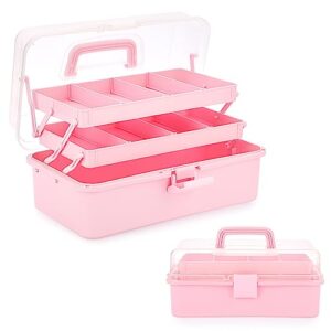 BTSKY 3-Layer Plastic Dividing Storage Box Craft Organizer and Storage with Adjustable Spacers Portable Handled Art Supply Organizer Multipurpose Home Utility Box for Medicine Box Sewing Box Organizer (Pink)