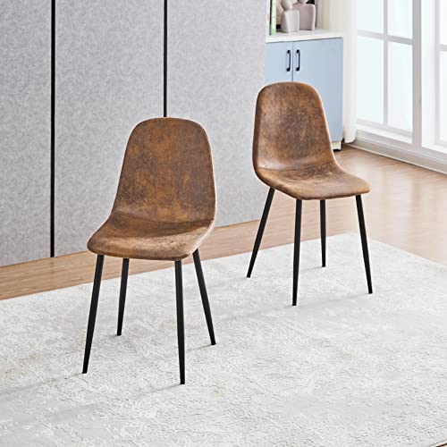 HomyCasa Dining Chairs Set of 2, Modern Mid-Century Kitchen Dining Room Chairs Living Room Side Chairs with Metal Leg Suede Seat for Restaurant Lounge Farmhouse, Rustic Brown, 2PCS (Black)