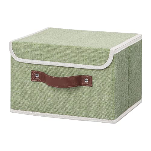 ANMINY Storage Bin with Lid Storage Boxes with PU Leather Handles PP Plastic Board Decorative Foldable Lidded Cotton Linen Fabric Home Cubes Baskets Closet Organizer Container - Green, Small Size