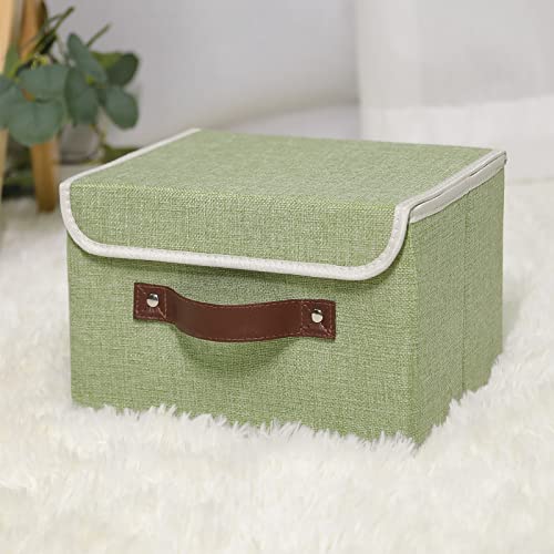 ANMINY Storage Bin with Lid Storage Boxes with PU Leather Handles PP Plastic Board Decorative Foldable Lidded Cotton Linen Fabric Home Cubes Baskets Closet Organizer Container - Green, Small Size