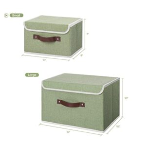 ANMINY Storage Bin with Lid Storage Boxes with PU Leather Handles PP Plastic Board Decorative Foldable Lidded Cotton Linen Fabric Home Cubes Baskets Closet Organizer Container - Green, Small Size