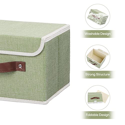 ANMINY Storage Bin with Lid Storage Boxes with PU Leather Handles PP Plastic Board Decorative Foldable Lidded Cotton Linen Fabric Home Cubes Baskets Closet Organizer Container - Green, Small Size