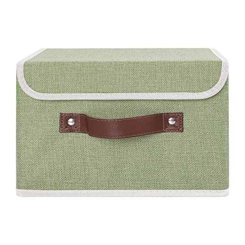 ANMINY Storage Bin with Lid Storage Boxes with PU Leather Handles PP Plastic Board Decorative Foldable Lidded Cotton Linen Fabric Home Cubes Baskets Closet Organizer Container - Green, Small Size