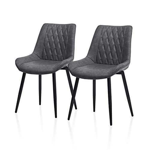 TUKAILAi Faux Leather Dining Chairs Set of 2, Modern Diamond Design Kitchen Chairs with Upholstered Seat and Metal Legs, Comfy Leisure Chairs for Lounge Living Room Reception Restaurant (Grey)