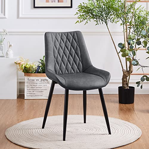 TUKAILAi Faux Leather Dining Chairs Set of 2, Modern Diamond Design Kitchen Chairs with Upholstered Seat and Metal Legs, Comfy Leisure Chairs for Lounge Living Room Reception Restaurant (Grey)