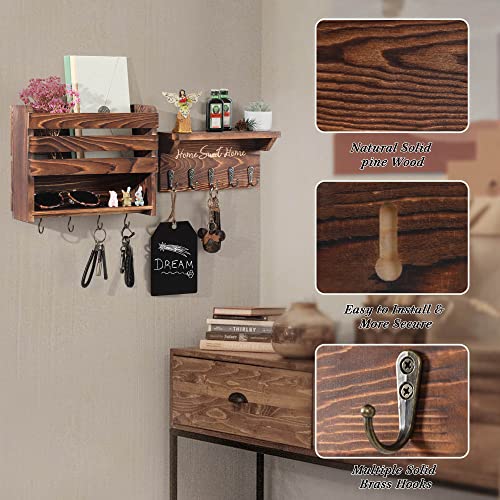 Innovation Key and Mail Holder for Wall, 2 in 1 Key Mail Holder for Wall, Wall Mail Holder with Shelf, Mail Holder with 9 Key Hooks, Pine Wood Vintage Brown