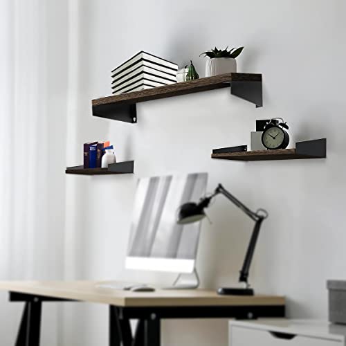 WENYU Wood Floating Shelves-Set of 3 Wall Mounted Shelves Rustic Natural Wooden Wall Shelves with Metal Brackets for Bedroom Kitchen Living Room Office Wall Decor and Storage