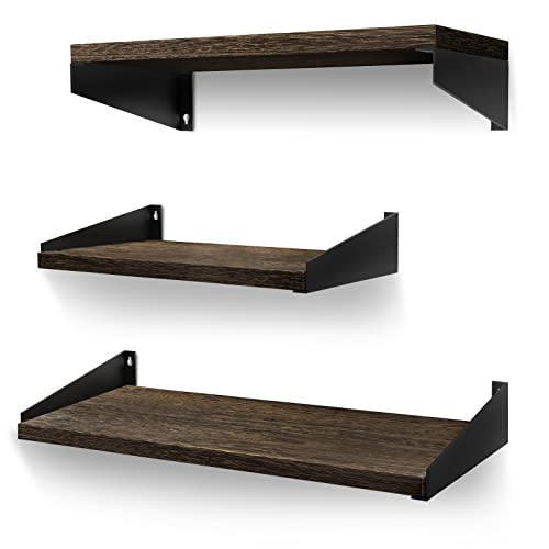 WENYU Wood Floating Shelves-Set of 3 Wall Mounted Shelves Rustic Natural Wooden Wall Shelves with Metal Brackets for Bedroom Kitchen Living Room Office Wall Decor and Storage