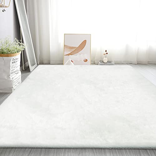 Fixseed Soft White Fluffy Area Rug 4x6 Faux Rabbit Washable Fur Rugs for Bedroom, White Fuzzy Living Room Carpets Indoor Modern Shag Area Rugs for Children Bedroom Nursery Playroom Home Decor Rug