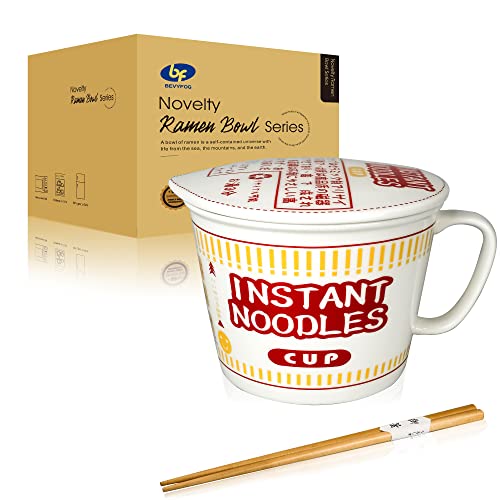 BF BEVYFOG Ramen Bowl Set with Chopsticks 32 OZ Large Ceramic Instant Ramen Noodle Bowls with Lid Gift Wrap Cute Japanese Soup Bowl with Handle, Microwave Safe (Red)