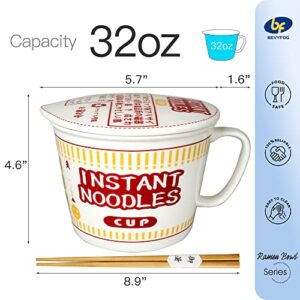 BF BEVYFOG Ramen Bowl Set with Chopsticks 32 OZ Large Ceramic Instant Ramen Noodle Bowls with Lid Gift Wrap Cute Japanese Soup Bowl with Handle, Microwave Safe (Red)