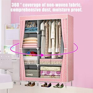 QLFJ-FurDec Portable Wardrobe Closet, Clothes Storage Organizer Rack Shelves with Hanging Rods, Non-Woven Fabric Cover Standing Closet for Hanging Clothes, Stable and Easy Assembly, Pink Dot Style