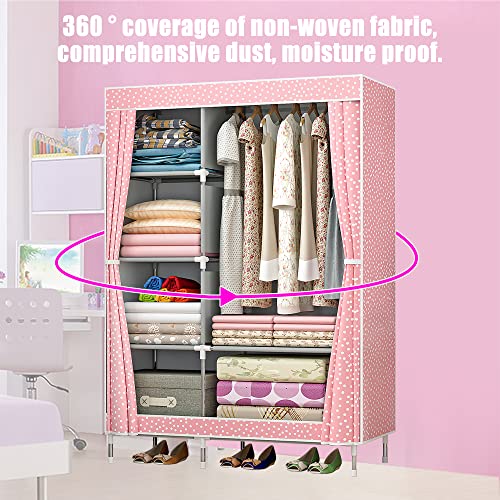 QLFJ-FurDec Portable Wardrobe Closet, Clothes Storage Organizer Rack Shelves with Hanging Rods, Non-Woven Fabric Cover Standing Closet for Hanging Clothes, Stable and Easy Assembly, Pink Dot Style