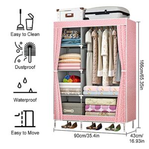 QLFJ-FurDec Portable Wardrobe Closet, Clothes Storage Organizer Rack Shelves with Hanging Rods, Non-Woven Fabric Cover Standing Closet for Hanging Clothes, Stable and Easy Assembly, Pink Dot Style