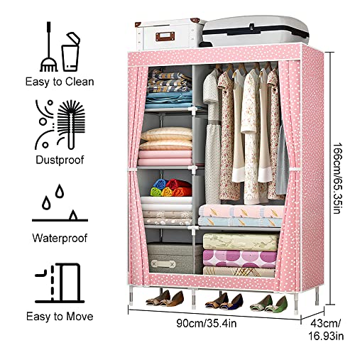 QLFJ-FurDec Portable Wardrobe Closet, Clothes Storage Organizer Rack Shelves with Hanging Rods, Non-Woven Fabric Cover Standing Closet for Hanging Clothes, Stable and Easy Assembly, Pink Dot Style