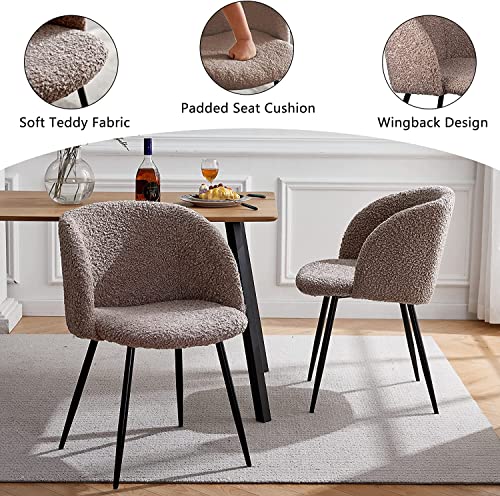 mikibama Dining Chairs Set of 2, Faux Fur Accent Chair Teddy Vanity Chair Furry Makeup Desk Chair with Metal Legs Mid Century Modern Chair for Dining Room Living Room Bedroom (Light Brown)