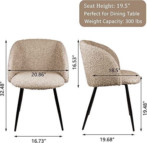 mikibama Dining Chairs Set of 2, Faux Fur Accent Chair Teddy Vanity Chair Furry Makeup Desk Chair with Metal Legs Mid Century Modern Chair for Dining Room Living Room Bedroom (Light Brown)