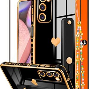 Likiyami for Samsung Galaxy A03S Phone Case Heart for Women Girls Cute Girly Pretty Luxury Aesthetic with Stand Cases Black and Gold Plating Love Hearts Cover Screen Chain for Galaxy A03S 6.5"