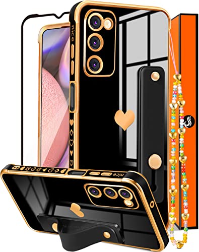 Likiyami for Samsung Galaxy A03S Phone Case Heart for Women Girls Cute Girly Pretty Luxury Aesthetic with Stand Cases Black and Gold Plating Love Hearts Cover Screen Chain for Galaxy A03S 6.5"