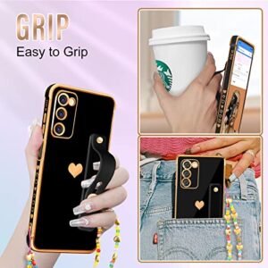 Likiyami for Samsung Galaxy A03S Phone Case Heart for Women Girls Cute Girly Pretty Luxury Aesthetic with Stand Cases Black and Gold Plating Love Hearts Cover Screen Chain for Galaxy A03S 6.5"