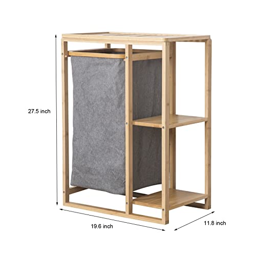 Bamboo Laundry Hamper Basket Table - 11.8''x19.6''x27.5'' Freestanding Laundry Organizer Cabinet with Sliding Bag & 2-Tier Storage Shelves for Dorm Room, Bathroom, Living Room