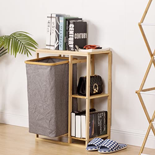 Bamboo Laundry Hamper Basket Table - 11.8''x19.6''x27.5'' Freestanding Laundry Organizer Cabinet with Sliding Bag & 2-Tier Storage Shelves for Dorm Room, Bathroom, Living Room