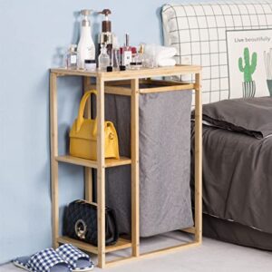 Bamboo Laundry Hamper Basket Table - 11.8''x19.6''x27.5'' Freestanding Laundry Organizer Cabinet with Sliding Bag & 2-Tier Storage Shelves for Dorm Room, Bathroom, Living Room